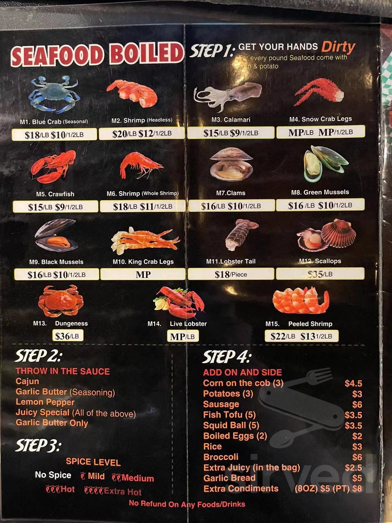 Alaska Crab menu in Moreno Valley, California, USA