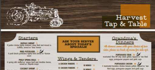 Menu for Harvest Tap & Table in Swansea, MA | Sirved