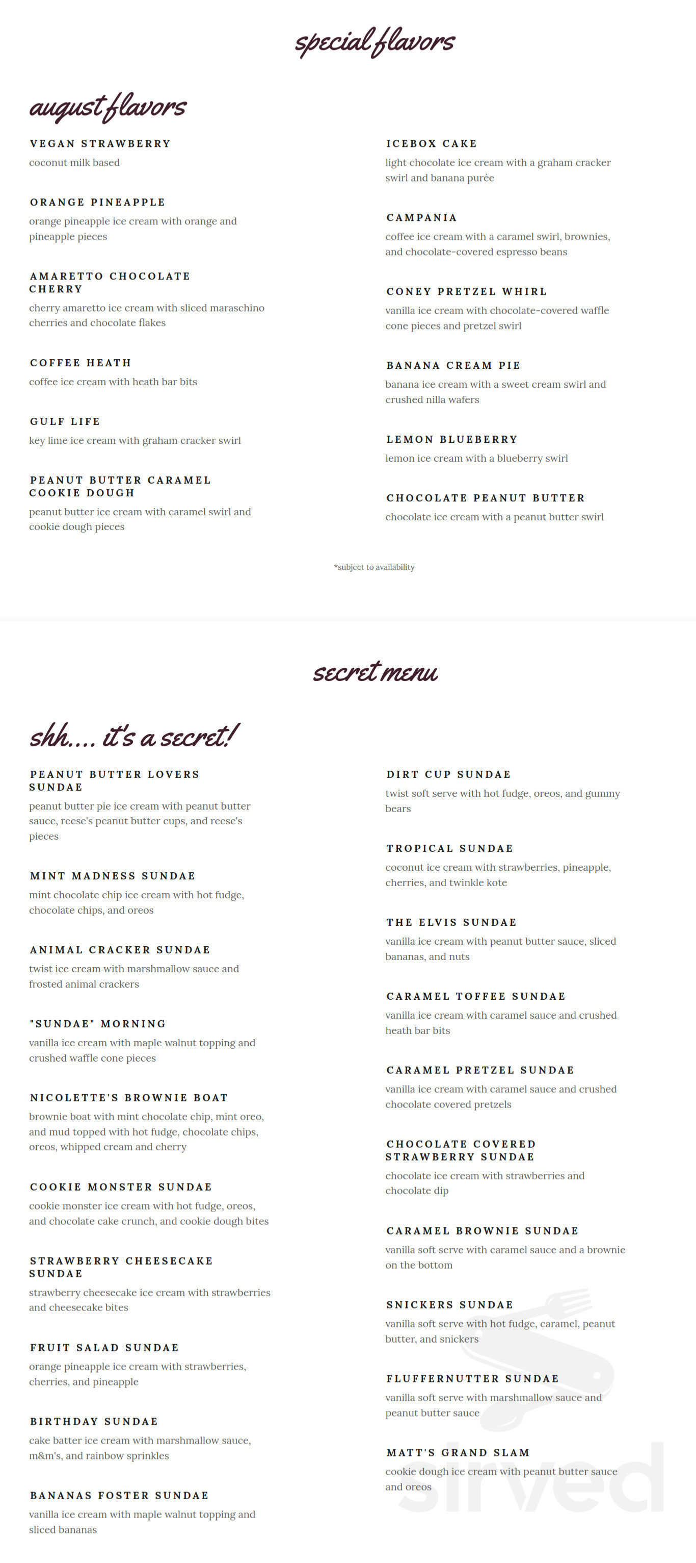 The Sundae House menu in Milford, Connecticut, USA