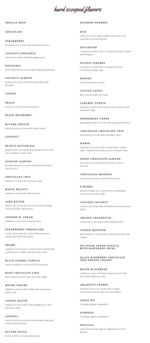 The Sundae House menu in Milford, Connecticut, USA