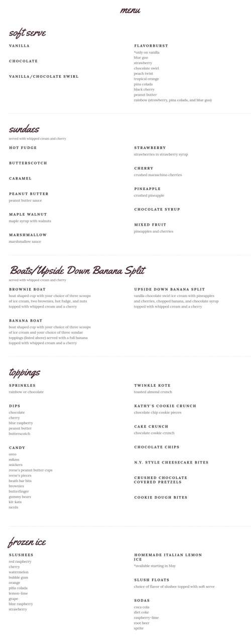 The Sundae House menu in Milford, Connecticut, USA