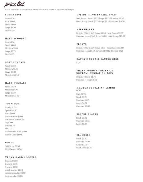 The Sundae House menu in Milford, Connecticut, USA