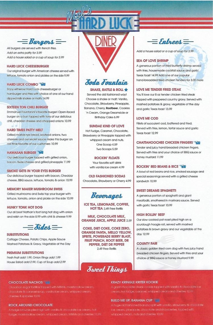 Mel's Hard Luck Diner menu in Branson, Missouri, USA