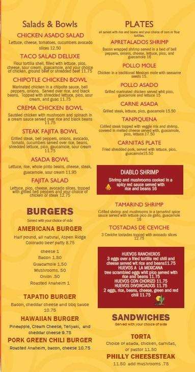 Tacos El Tapatio menu in Salida, Colorado, USA