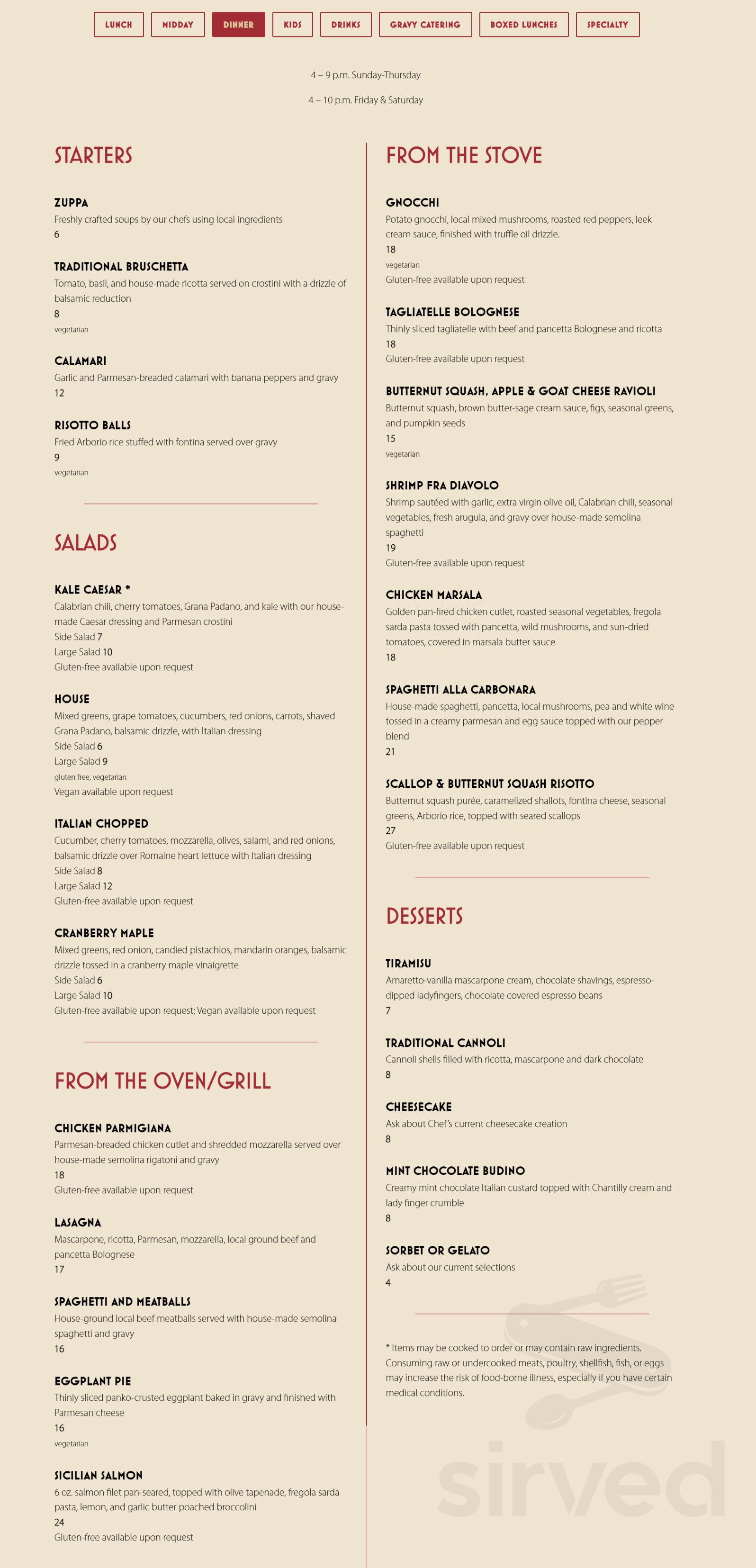 Gravy menu in Raleigh, North Carolina, USA