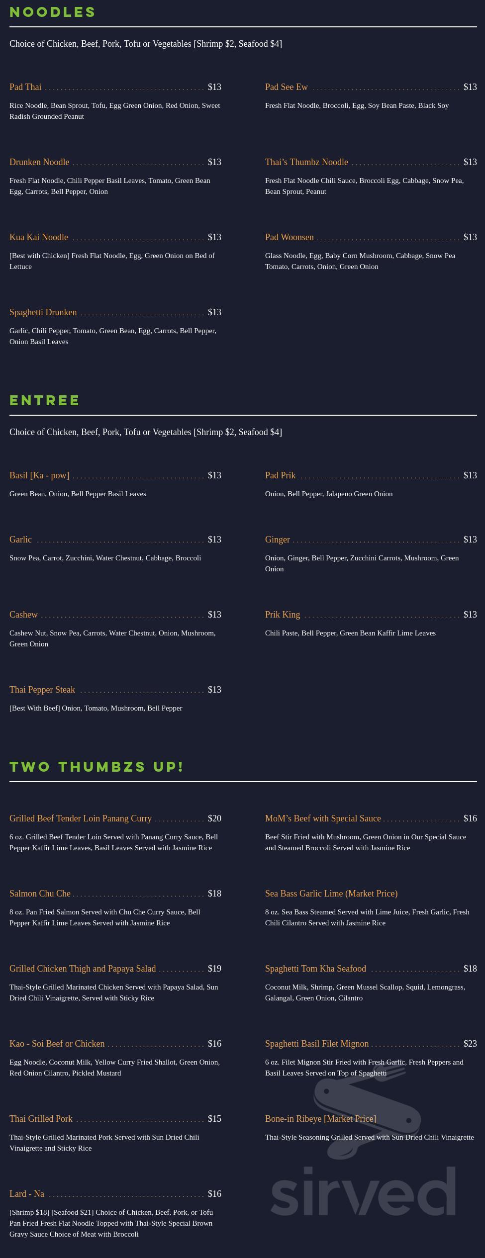 Thai's Thumbz Urban Kitchen menu in Richardson, Texas, USA