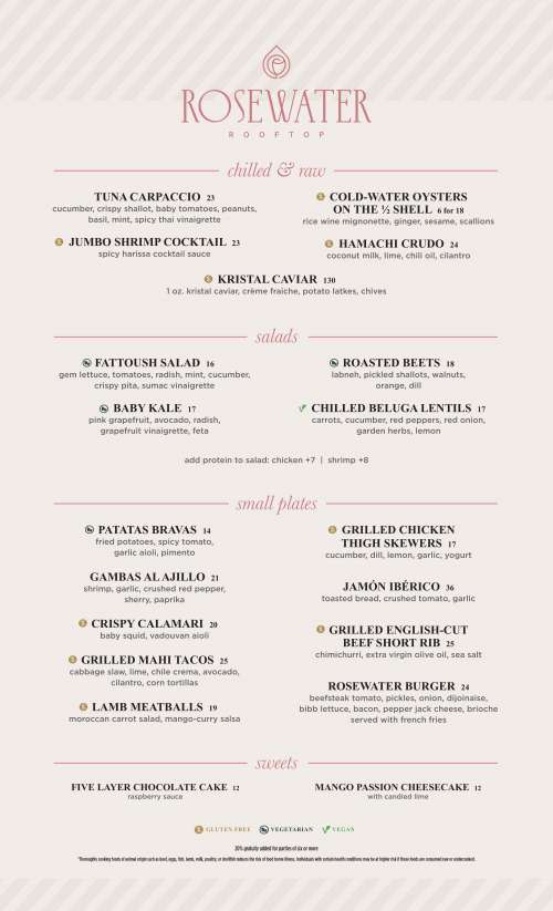 Rosewater Rooftop menu in Delray Beach, Florida, USA