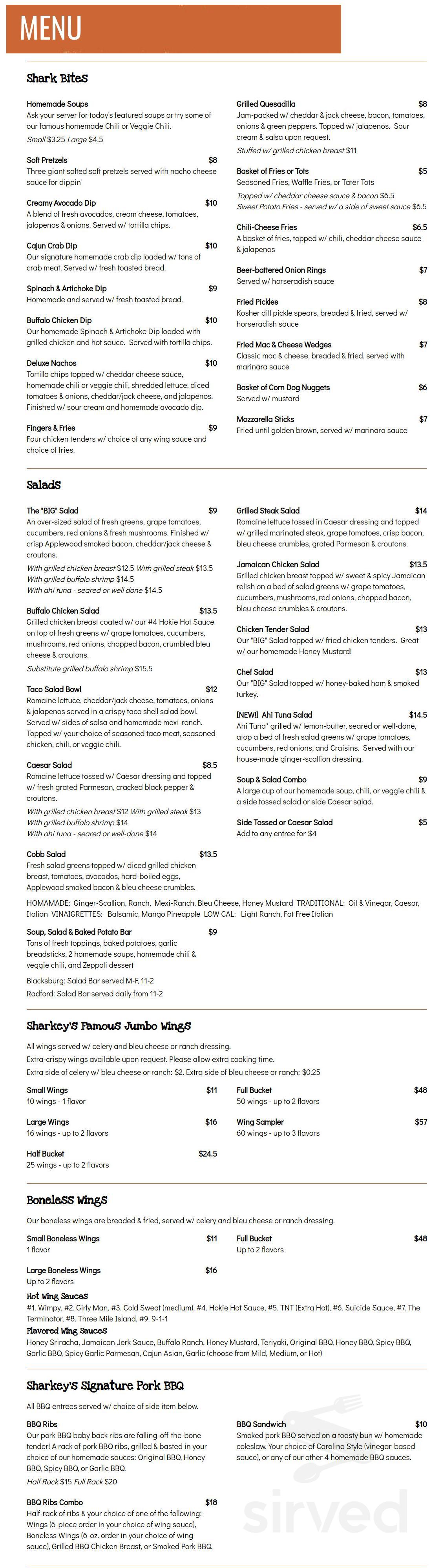 Sharkey's Wing & Rib Joint menu in Radford, Virginia, USA