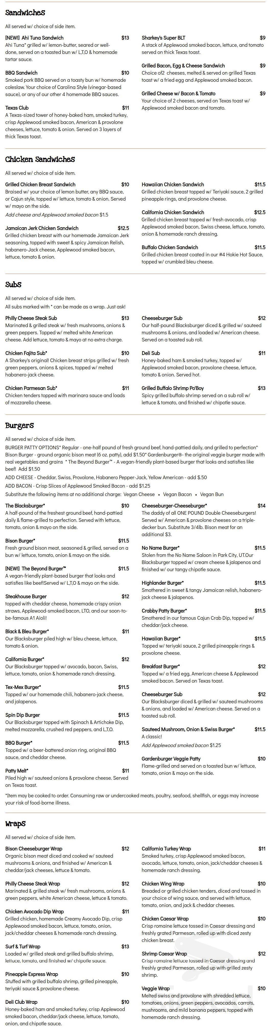 Menu - Blacksburg VA's Sharkey's Wing & Rib Joint | Sirved