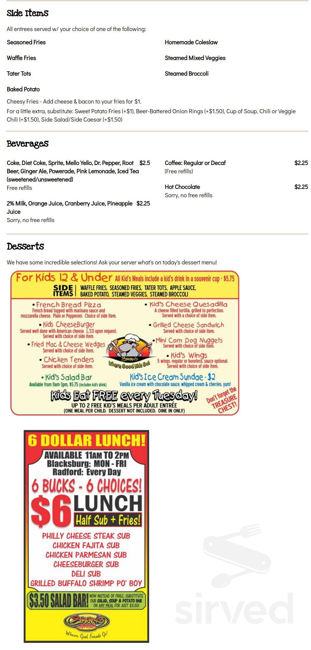Menu - Blacksburg VA's Sharkey's Wing & Rib Joint | Sirved