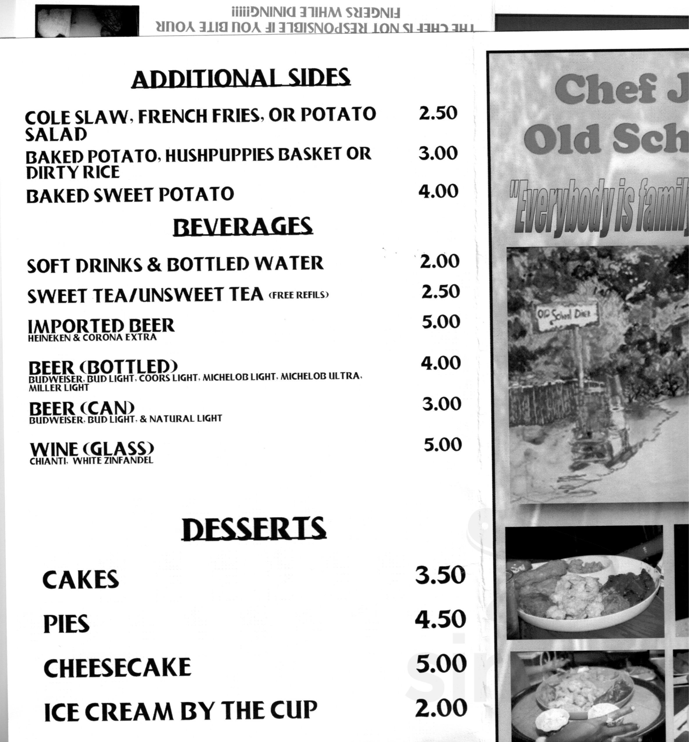Old School Diner menu in Townsend, Georgia, USA