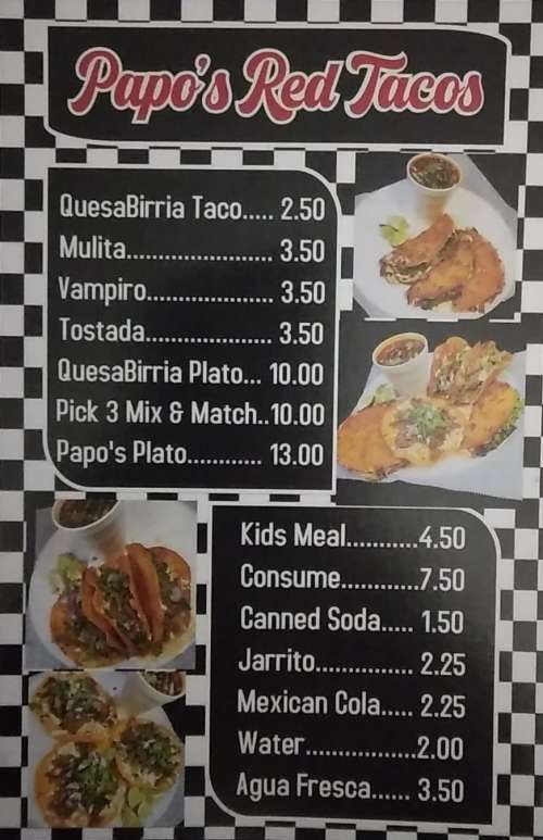 Papos Red Tacos menu in Tampa, Florida, USA