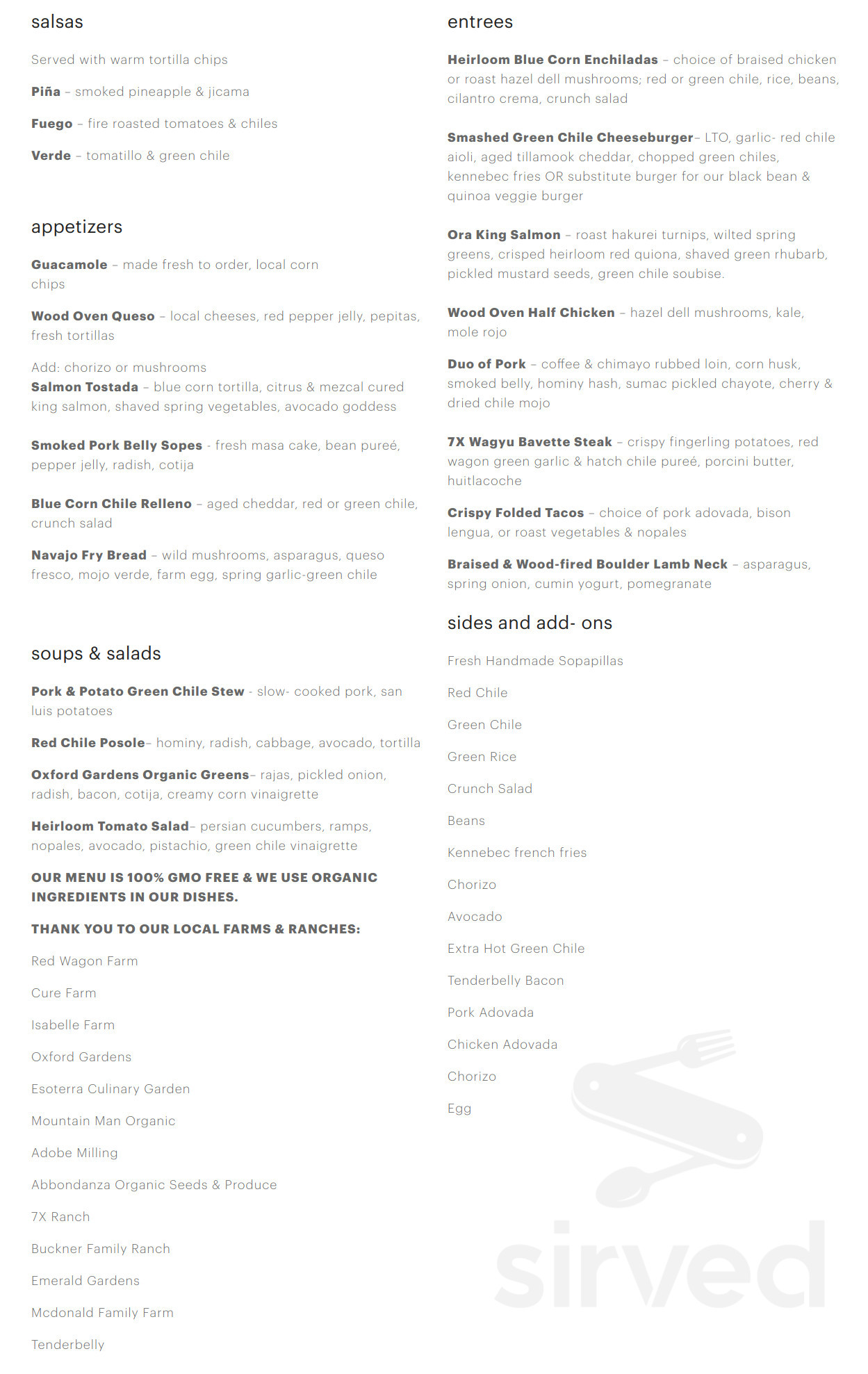 Menu - Boulder CO's Santo | Sirved