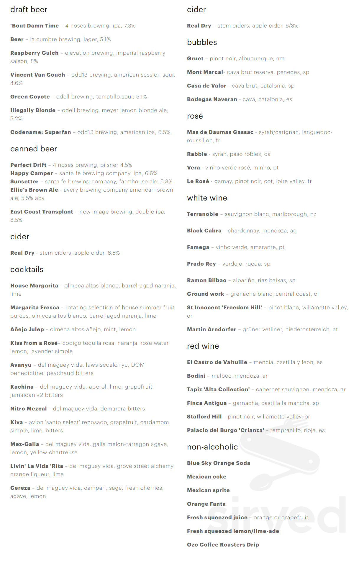 Santo menu in Boulder, Colorado, USA