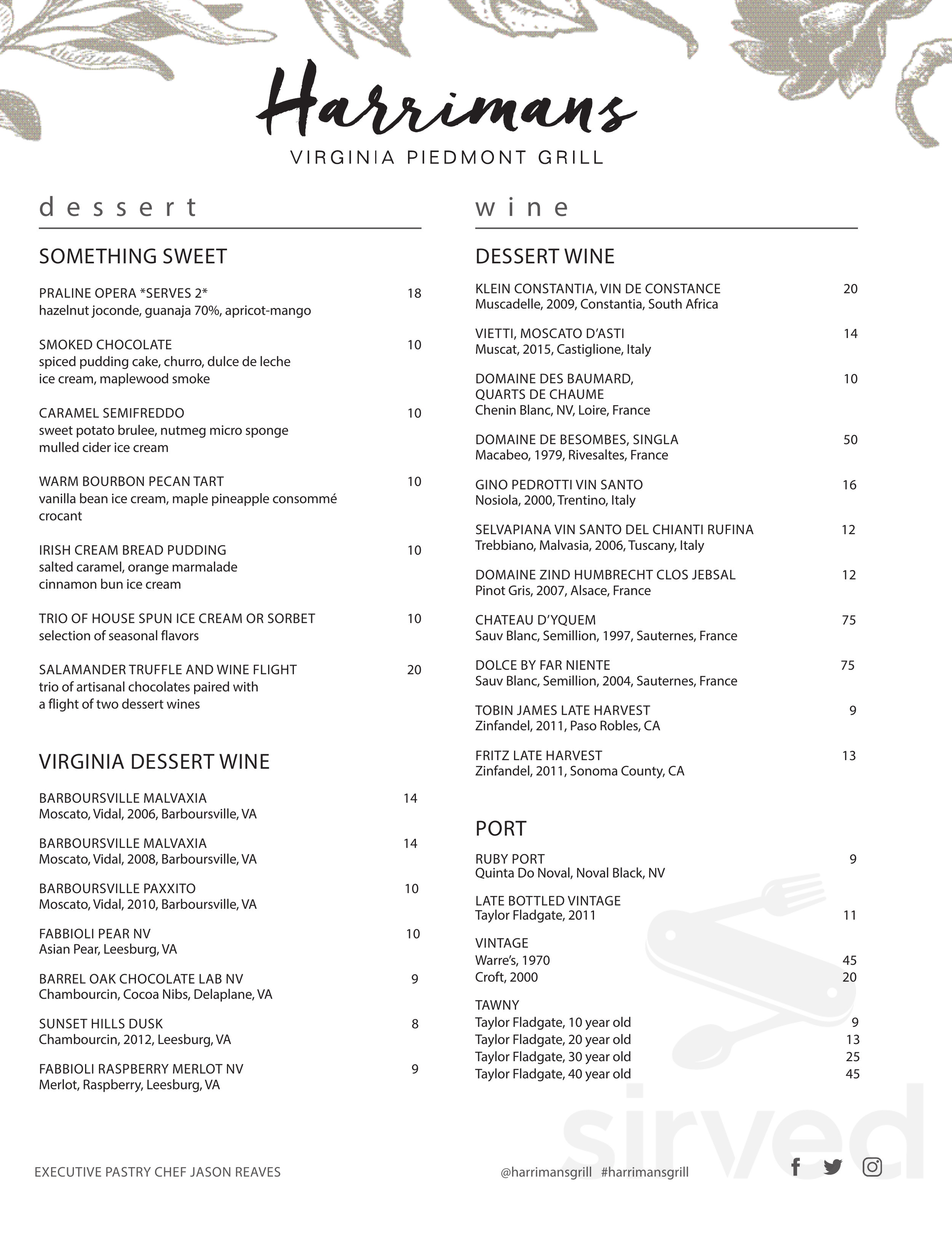 Harrimans Virginia Piedmont Grill menu in Middleburg, Virginia, USA