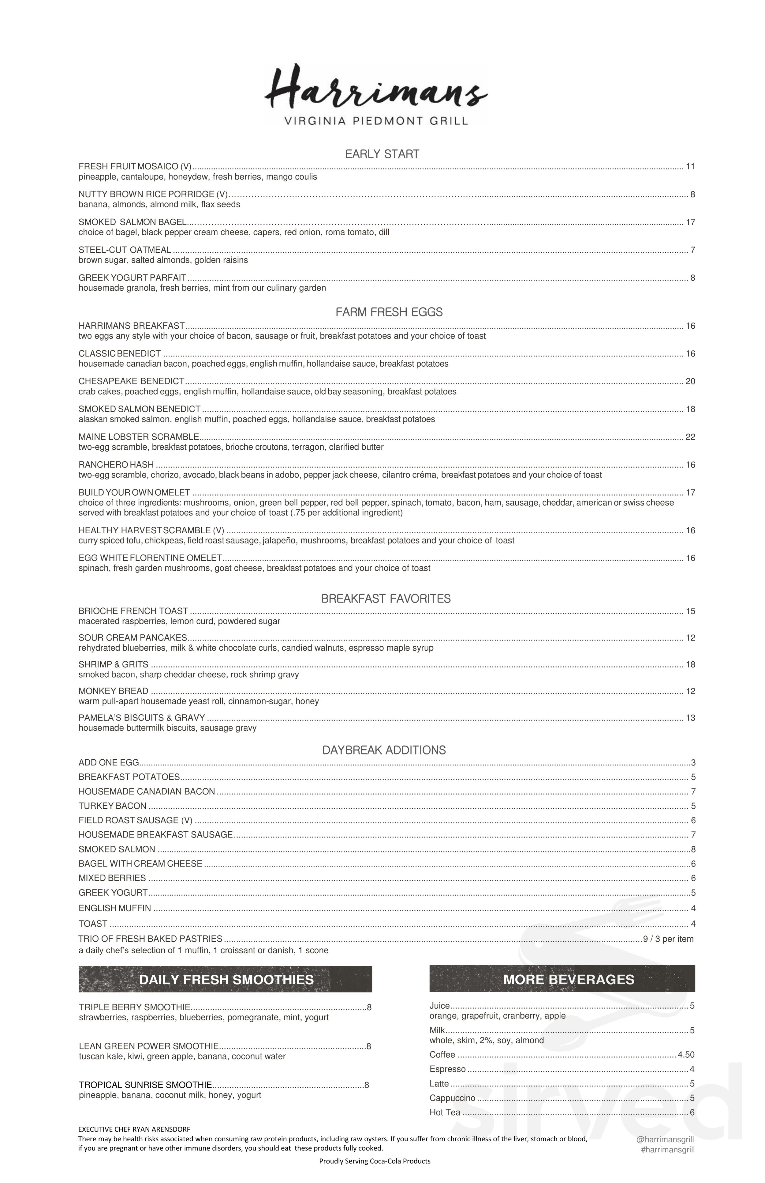Harrimans Virginia Piedmont Grill menu in Middleburg, Virginia, USA