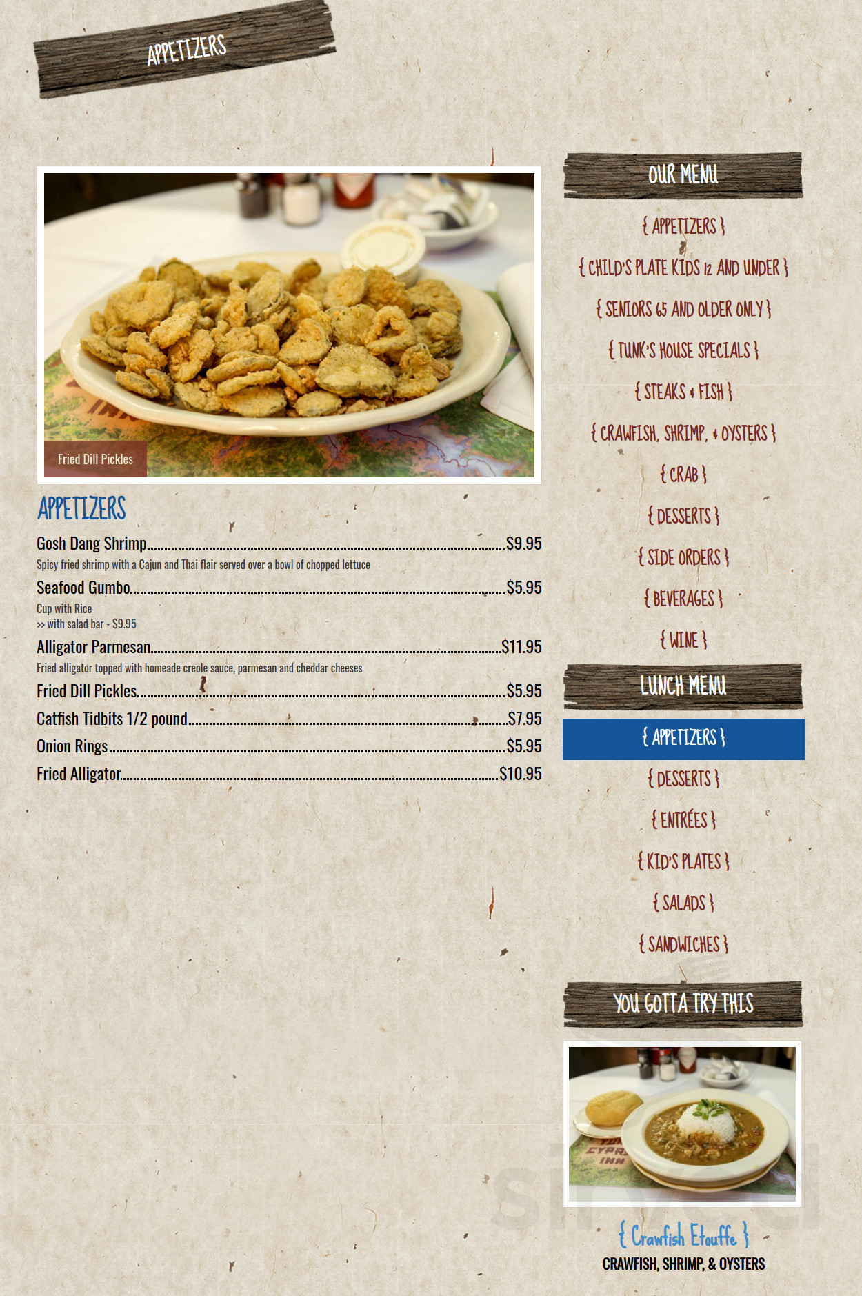 Tunk's Cypress Inn menu in Boyce, Louisiana, USA