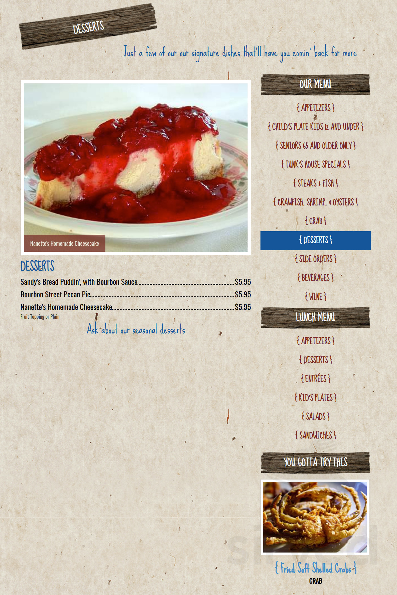 Tunk's Cypress Inn menu in Boyce, Louisiana, USA