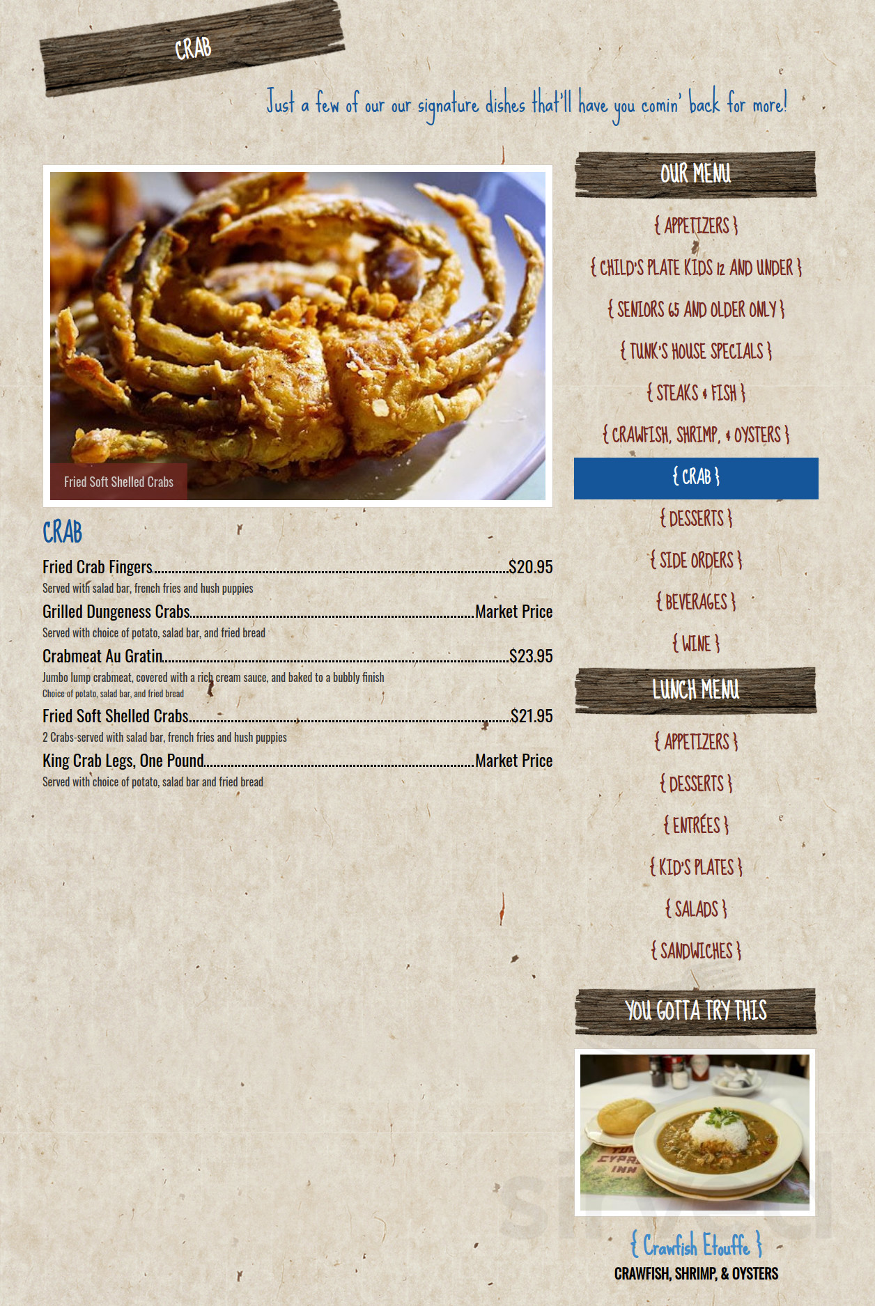 Tunk's Cypress Inn menu in Boyce, Louisiana, USA