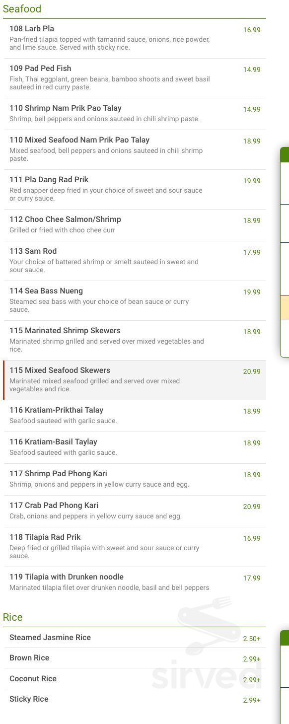 Ruby of Siam menu in Skokie, Illinois, USA