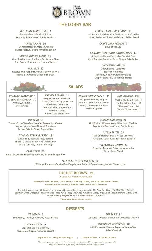 Lobby Bar & Grill at The Brown Hotel menu in Louisville, Kentucky, USA