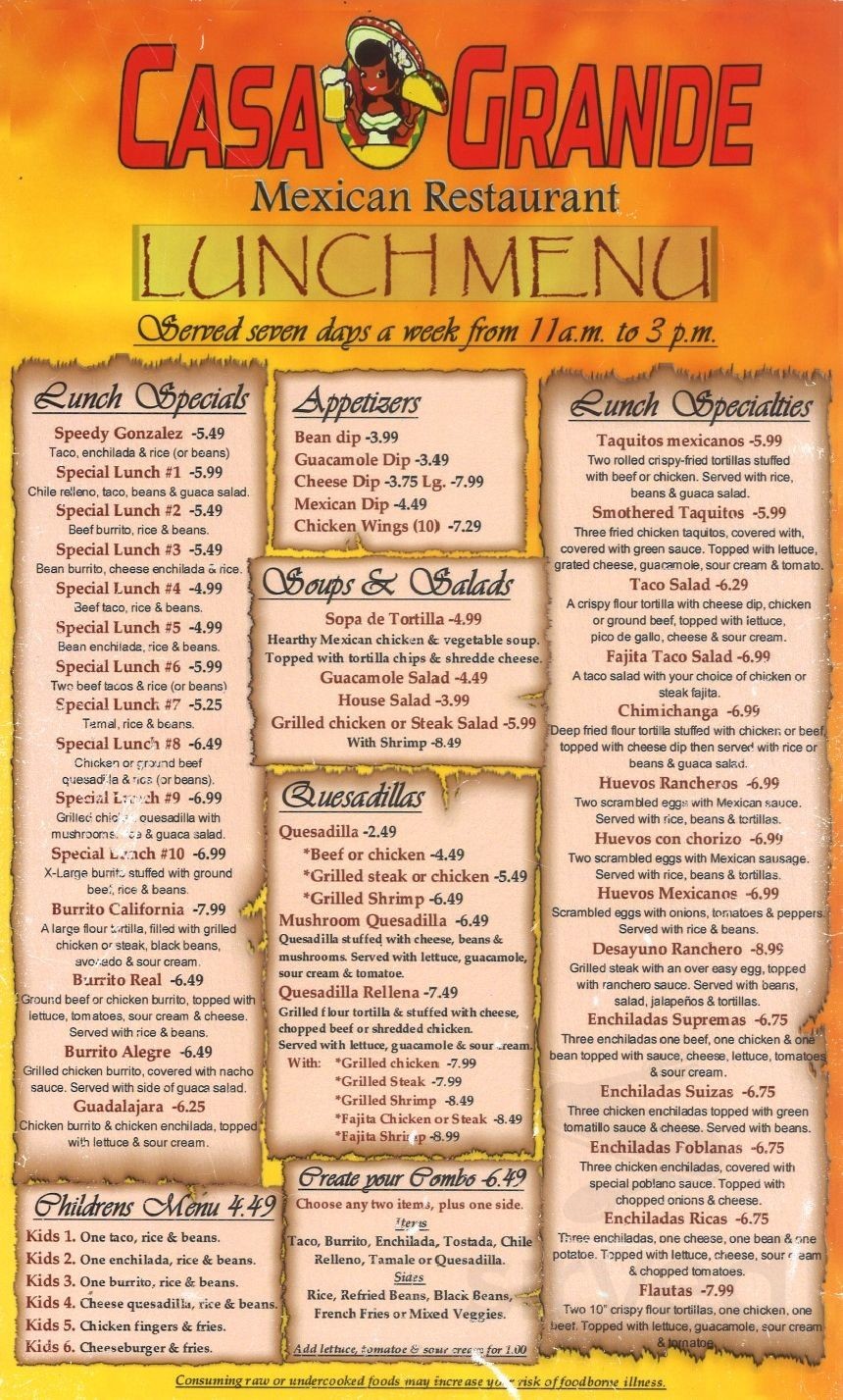 Menu for Casa Grande Mexican Restaurant cookeville in Cookeville, TN ...