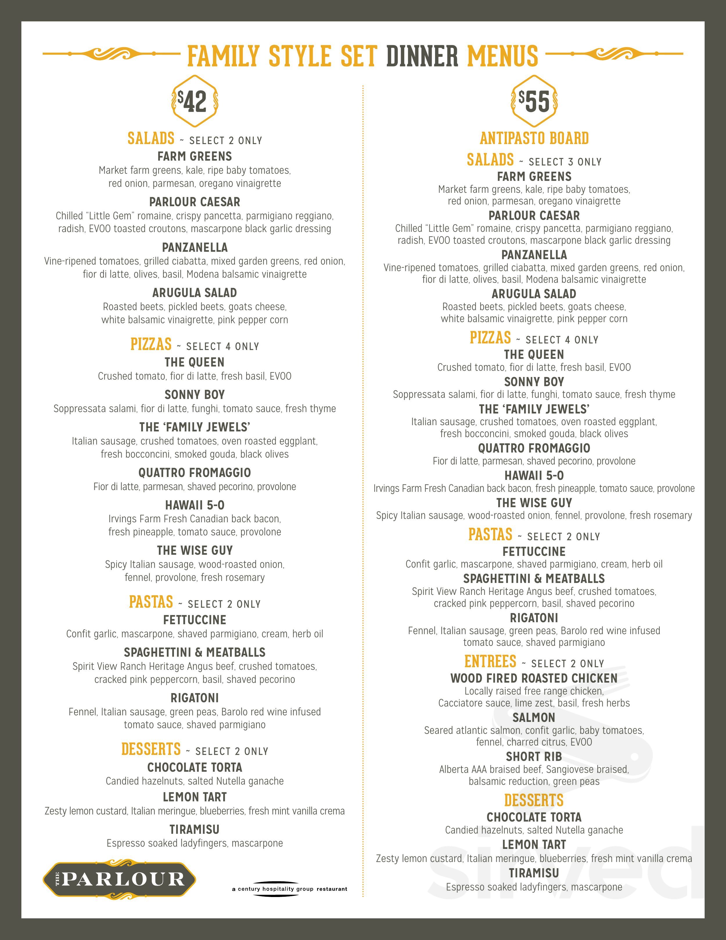 The Parlour Italian Kitchen & Bar menu in Edmonton, Alberta, Canada