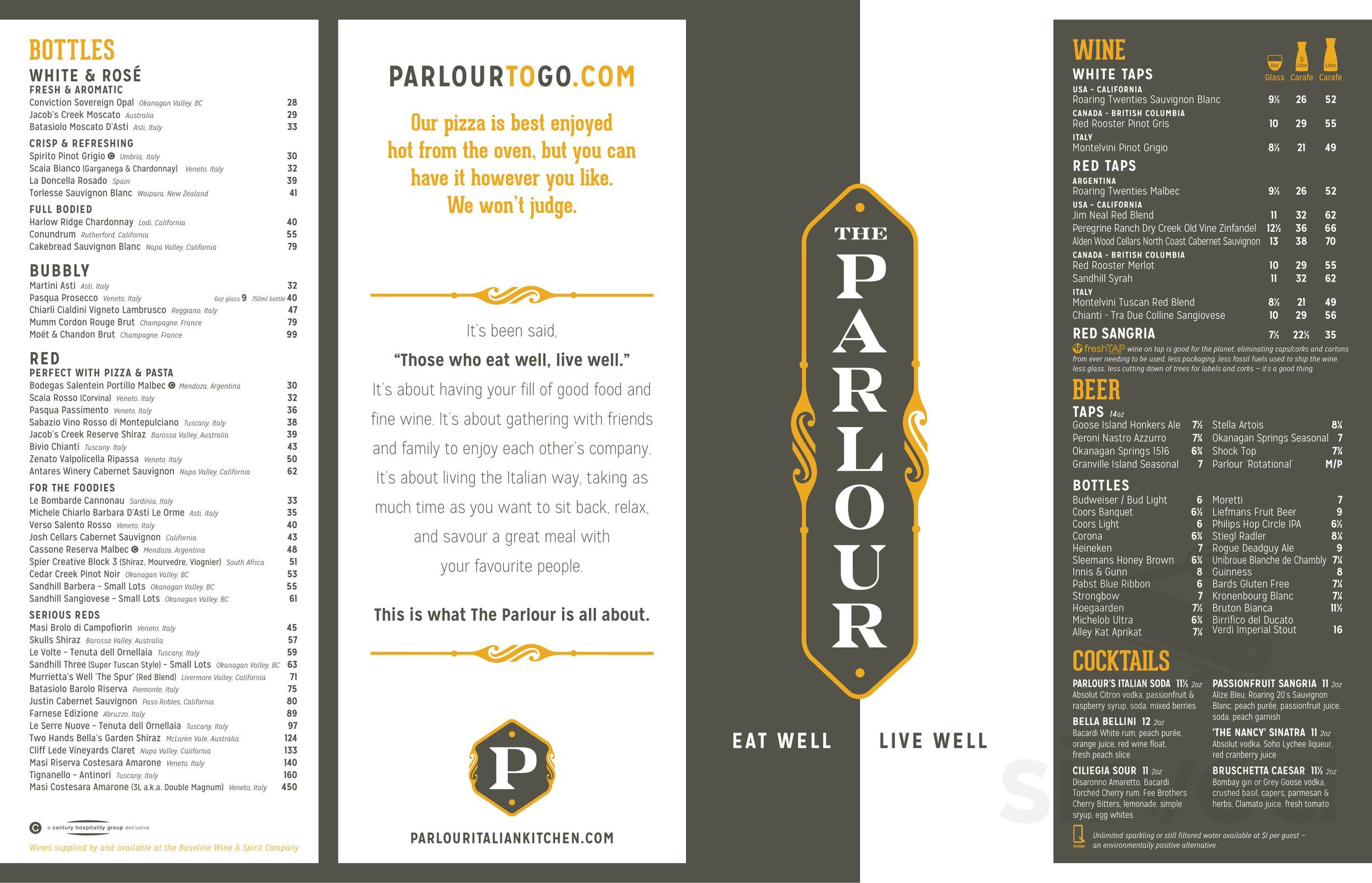 The Parlour Italian Kitchen & Bar menu in Edmonton, Alberta, Canada
