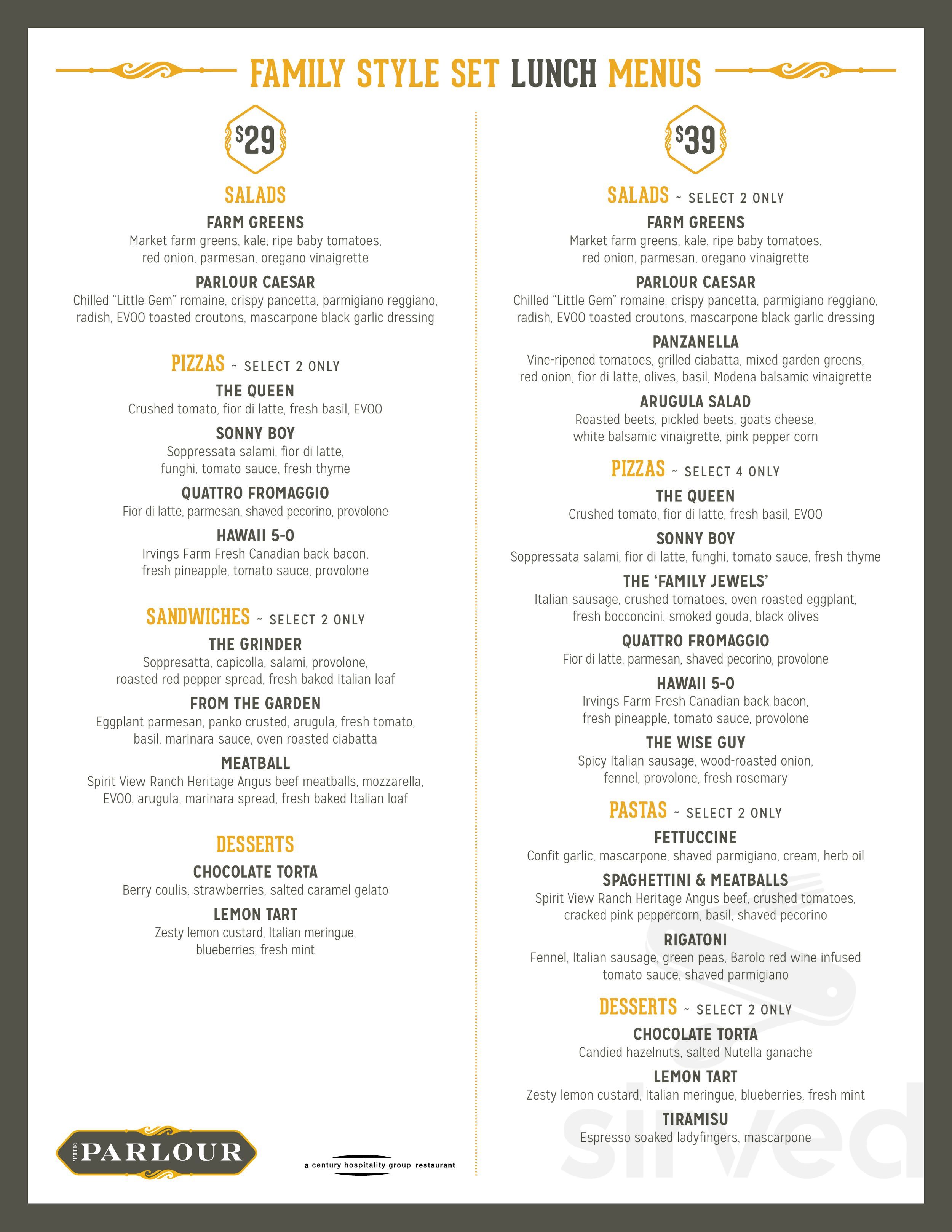 The Parlour Italian Kitchen & Bar menu in Edmonton, Alberta, Canada
