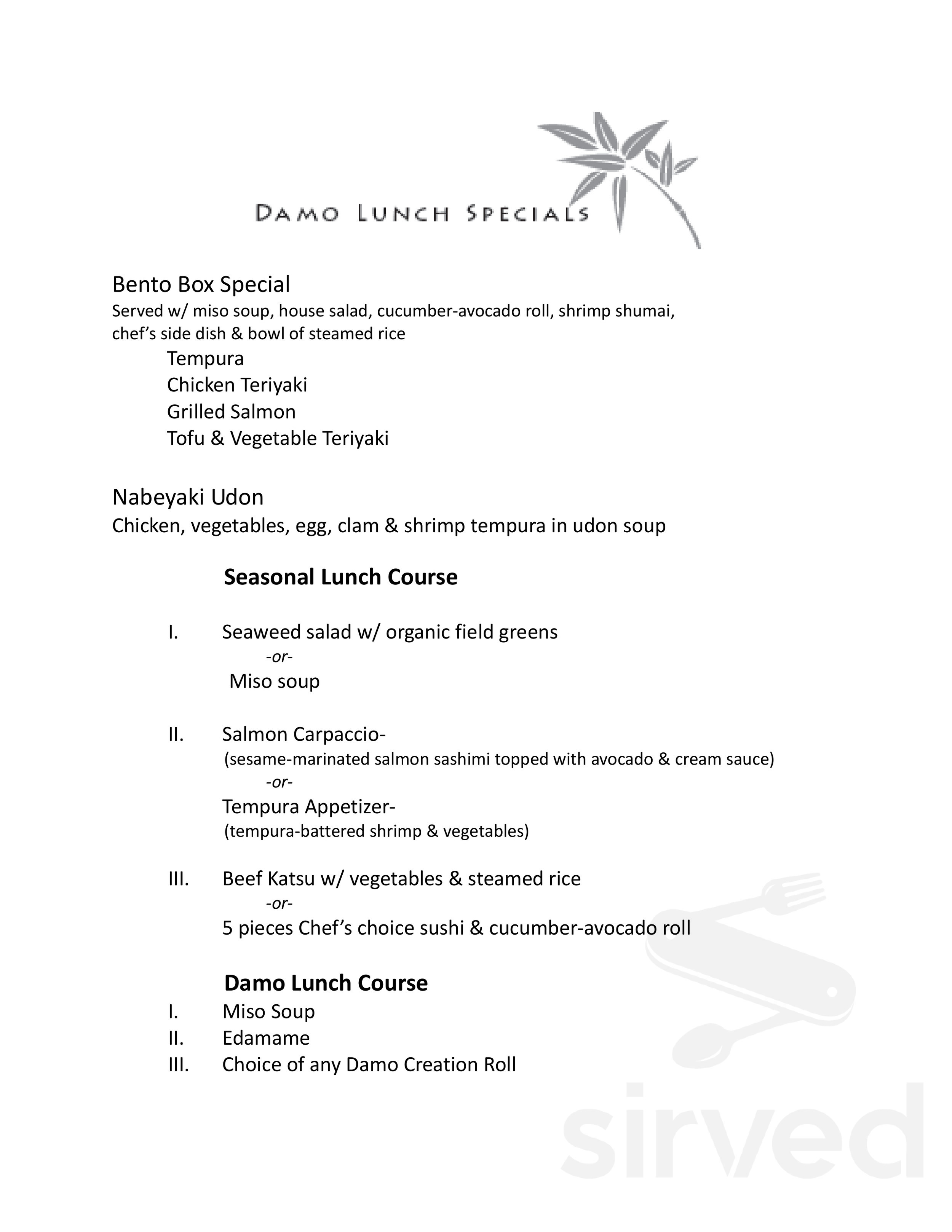 Menu - Rockville MD's Sushi Damo | Sirved