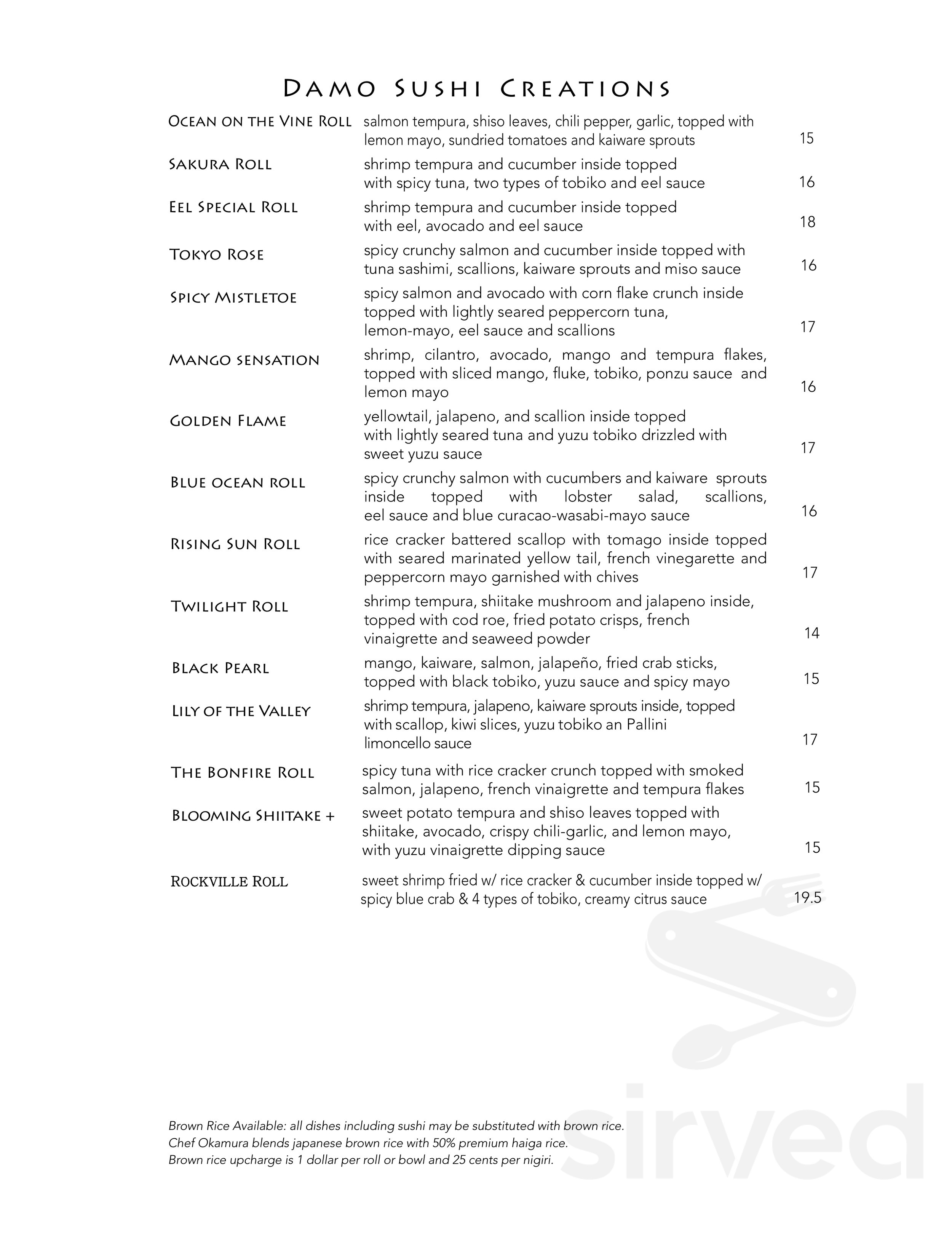 Menu - Rockville MD's Sushi Damo | Sirved