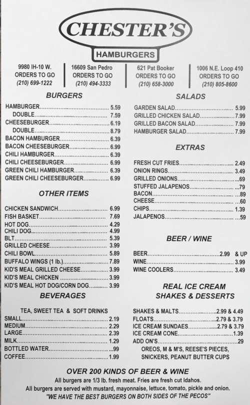 Chester's Hamburgers menu in San Antonio, Texas, USA