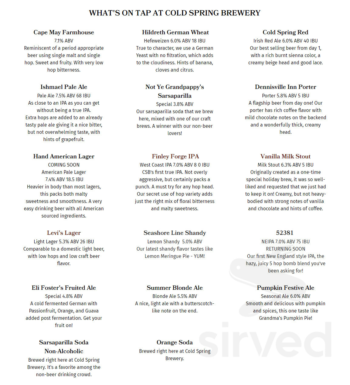Cold Spring Brewery menu in Cape May, New Jersey, USA