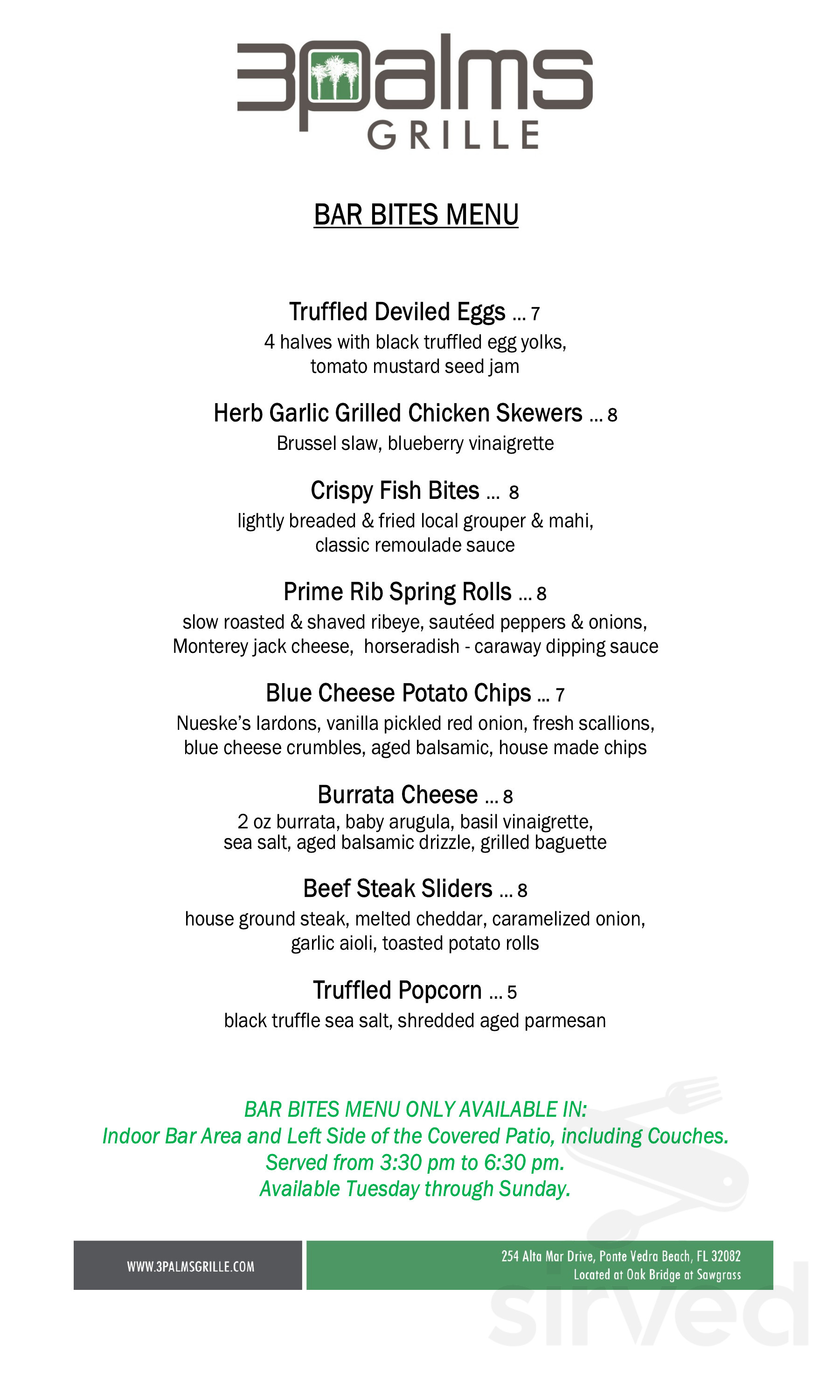 Menu - Ponte Vedra Beach FL's 3 Palms Grille | Sirved