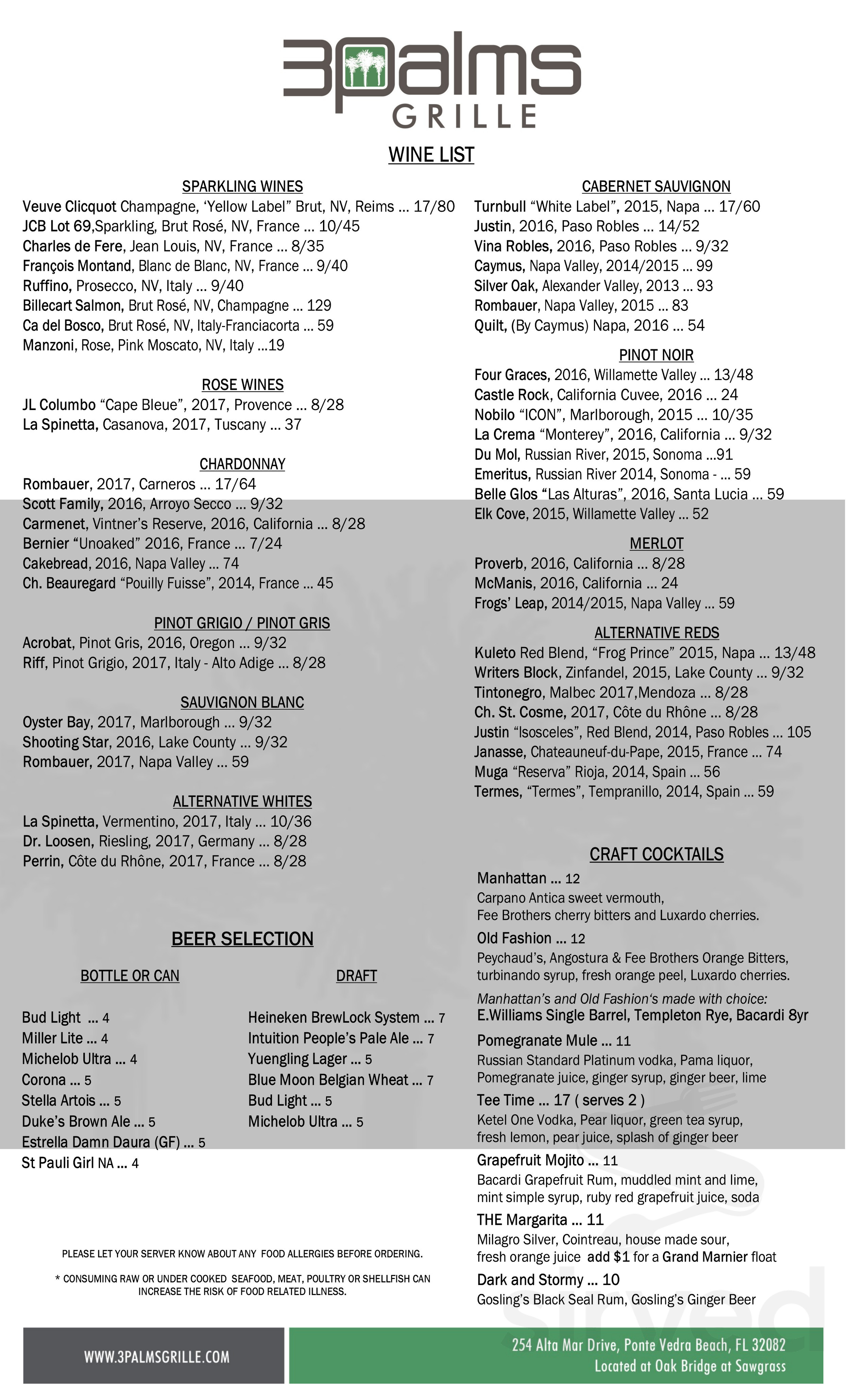 3 Palms Grille menus in Ponte Vedra Beach, Florida, United States