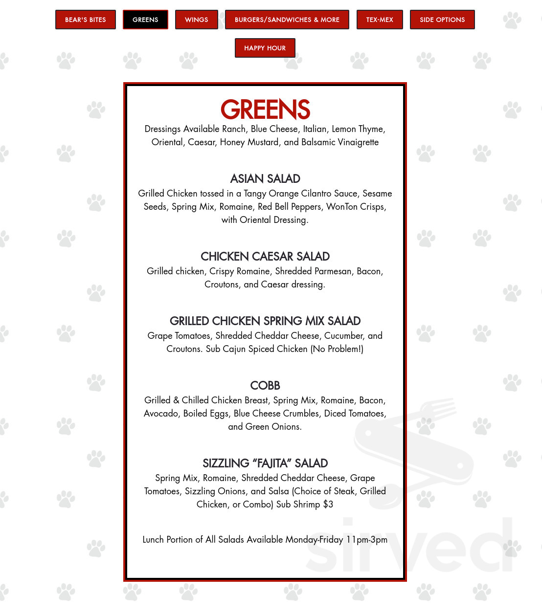 Menu - Phoenix AZ's Uncle Bear’s Grill & Tap | Sirved