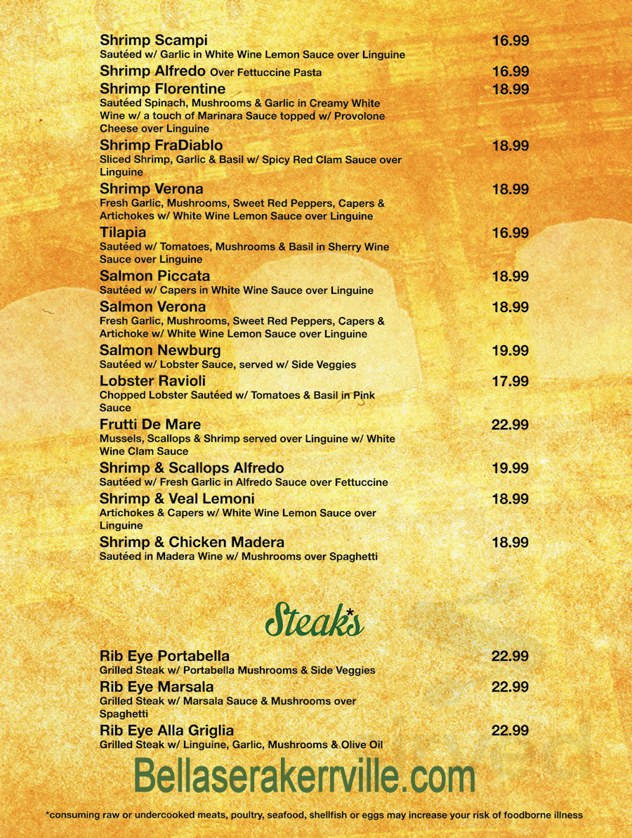 Bella Sera of Kerrville, Inc. menus in Kerrville, Texas, United States