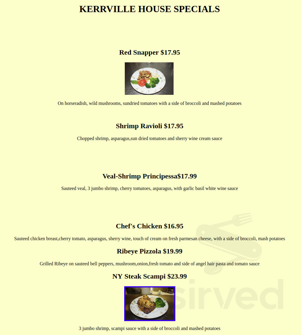 Bella Sera of Kerrville, Inc. menu in Kerrville, Texas, USA