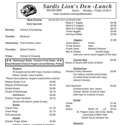 Sardis Lion's Den menu in Boaz, Alabama, USA