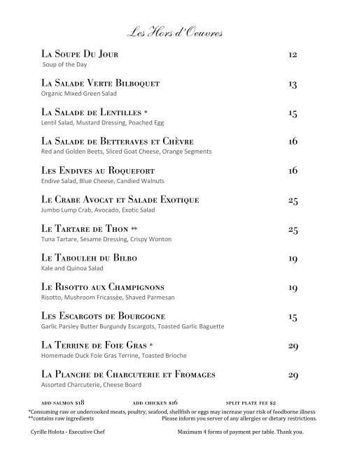 Le Bilboquet menu in Atlanta, Georgia, USA