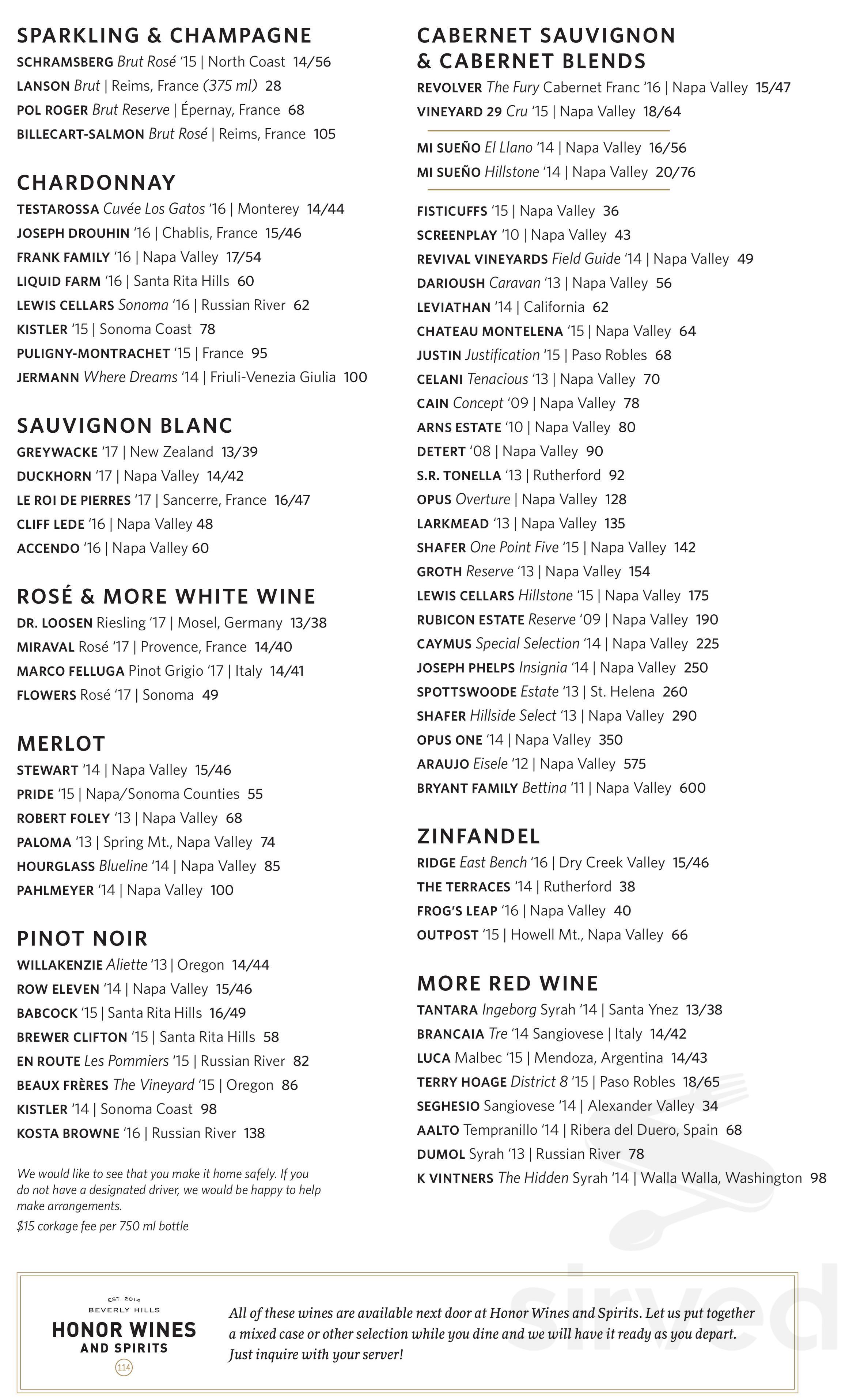 South Beverly Grill menu in Beverly Hills, California, USA