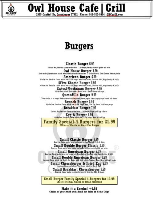 Owl House Cafe | Grill menu in Creedmoor, North Carolina, USA