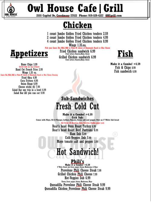 Owl House Cafe | Grill menu in Creedmoor, North Carolina, USA