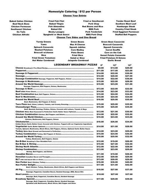 Broadway Pizza menu in Memphis, Tennessee, USA