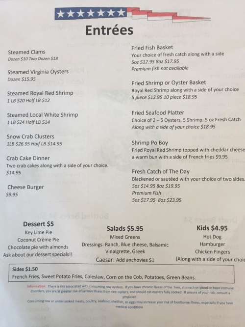 The Commander's Shellfish Camp menu in St. Augustine, Florida, USA