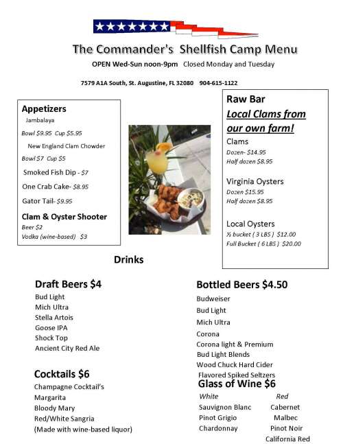 The Commander's Shellfish Camp menu in St. Augustine, Florida, USA