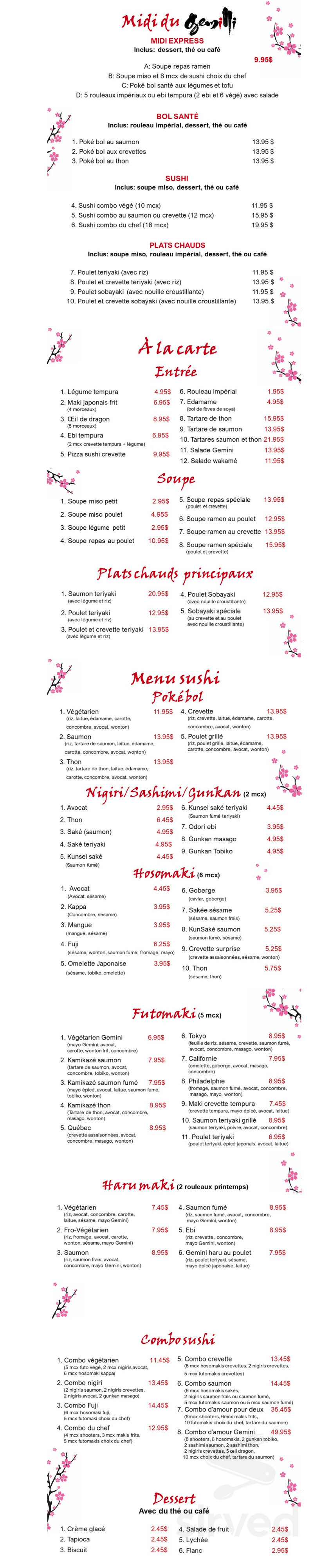 Gemini sushi menus in Québec, Quebec, Canada