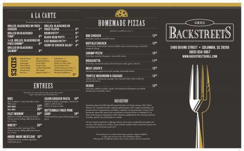 Backstreets Grill menu in Columbia, South Carolina, USA