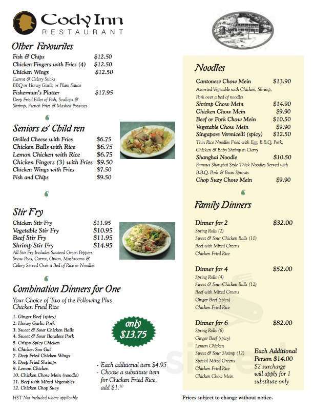 Cody Inn Restaurant menu in Buckhorn, Ontario, Canada