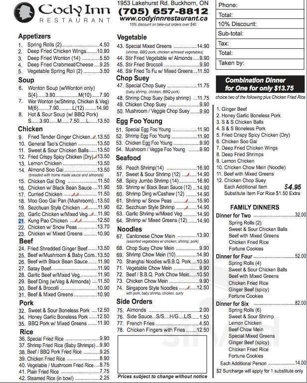 Cody Inn Restaurant menus in Buckhorn, Ontario, Canada